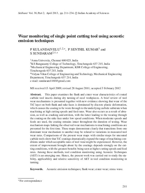 Pdf Wear Monitoring Of Single Point Cutting Tool Using Acoustic Emission Techniques