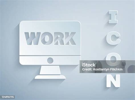 회색 배경에서 텍스트 작업 아이콘이 격리된 용지 절단 컴퓨터 모니터입니다 종이 아트 스타일 벡터 일러스트레이션 3차원 형태에 대한 스톡 벡터 아트 및 기타 이미지 Istock