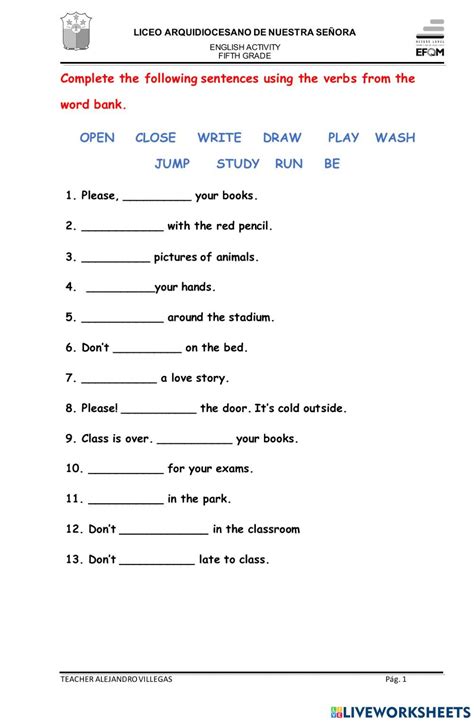 Imperative Interactive Worksheet For 4 Grammar Workbook Worksheets Imperative Sentences