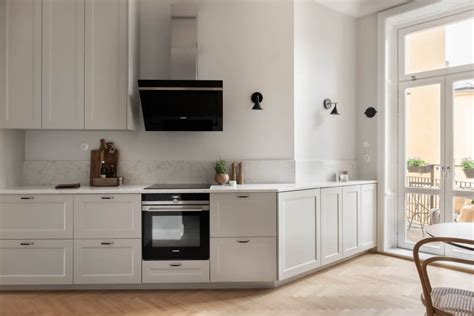 Light Grey Walls And Light Grey Kitchen Cabinets In An Elegant