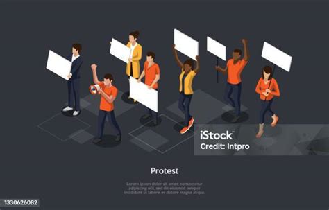 어두운 배경에 대한 등색 구성 만화 스타일의 벡터 3d 일러스트레이션 항의 개념 배너를 걷는 사람들의 그룹 표지판을 보여주는