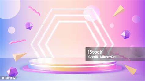 빈 연단 3d 배경입니다 제품 프로모션 쇼를 위한 디스플레이 받침대 다채로운 스탠드 네온 기하학적이고 역동적인 사실적인 벡터 장면 연단에 대한 스톡 벡터 아트 및 기타