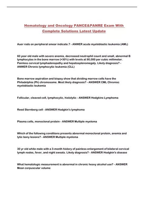 Hematology And Oncology Panceandpanre Exam With Complete Solutions Latest