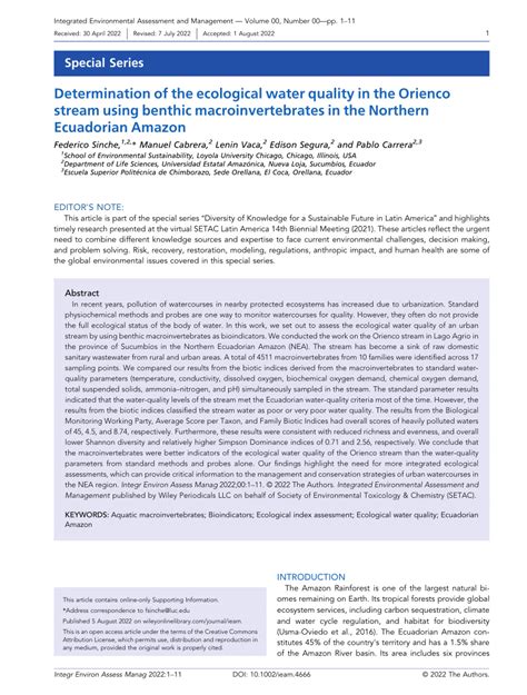 Pdf Special Series Determination Of The Ecological Water Quality In The Orienco Stream Using