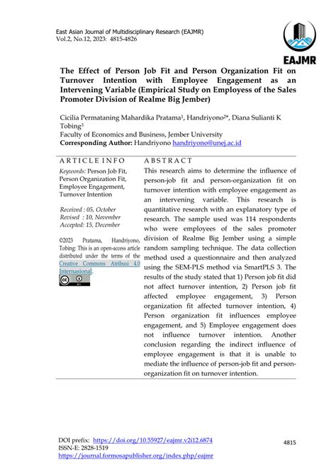Pdf The Effect Of Person Job Fit And Person Organization Fit On Turnover Intention With