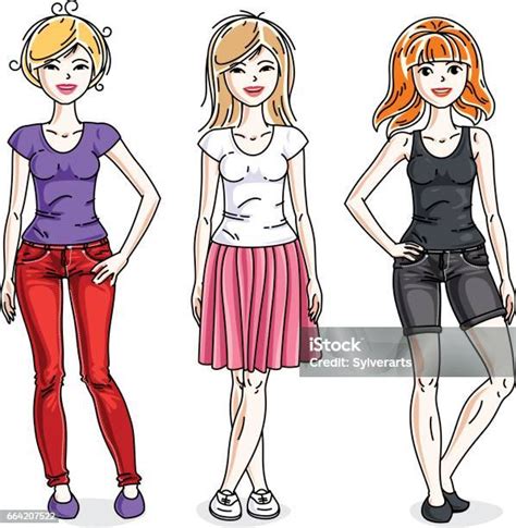캐주얼 한 옷을 입고 서 있는 행복한 청녀 그룹 벡터 다양성 사람들 일러스트 세트 패션과 라이프 스타일 테마 만화 가냘픈에 대한 스톡 벡터 아트 및 기타 이미지 Istock