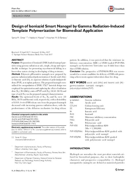 Pdf Design Of Isoniazid Smart Nanogel By Gamma Radiation Induced Template Polymerization For