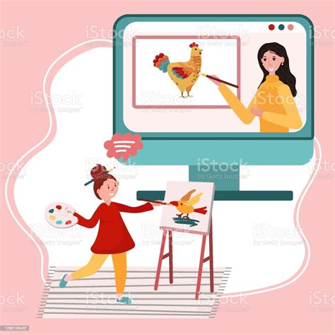 온라인 교육 학교에서 거리 공부 집에서 온 학생은 미술 수업을 가지고 있습니다 교사는 컴퓨터 모니터를 통해 페인트하는 방법을