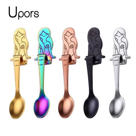 upors 인어 커피 스푼 스쿠프 304 스테인레스 스틸 걸이식 커피 스푼 티스푼 설탕 모카 아이스크림 티 스푼 도구 1 개