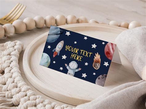 Editable Space Birthday Table Tent Rocket Ship Food Label Card Galaxy