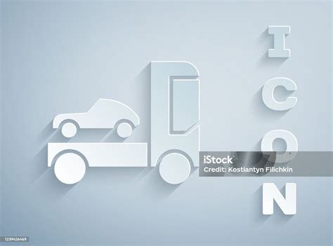 회색 배경에 고립 된 자동차 아이콘의 운송을위한 종이 컷 자동차 수송 트럭 종이 아트 스타일입니다 벡터 일러스트레이션 3차원 형태에 대한 스톡 벡터 아트 및 기타 이미지