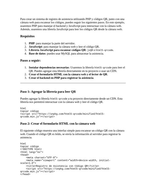 Para Crear Un Sistema De Registro De Asistencia Utilizando Php Y Códigos Qr Pdf Php Sql