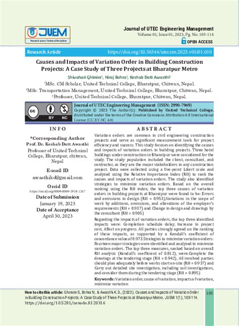 Pdf Causes And Impacts Of Variation Order In Building Construction