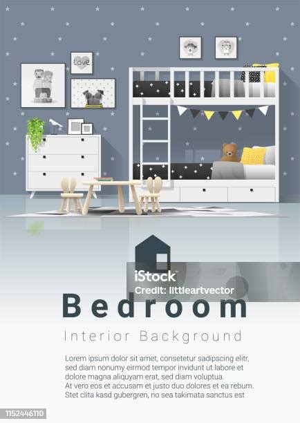 나무 이층 침대 벡터 그림을 가진 현대 아이 침실의 실내 배경 0명에 대한 스톡 벡터 아트 및 기타 이미지 0명 가구