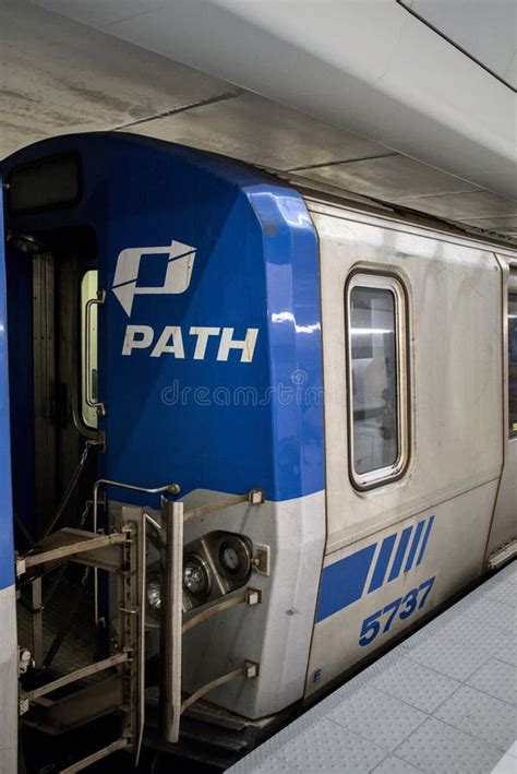 Path Train Logo On The Side Of A Subway Car On The Track At World Trade Center Station New