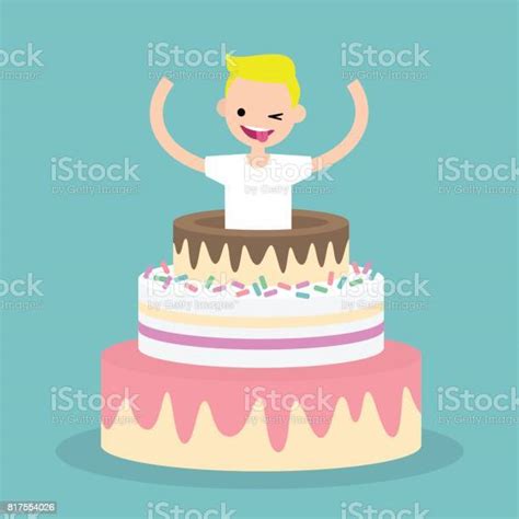 영 캐릭터 케이크의 밖으로 점프 평면 편집 가능한 벡터 일러스트 클립 아트 3가지 개체에 대한 스톡 벡터 아트 및 기타 이미지