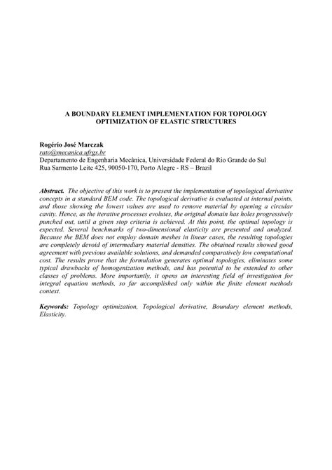PDF A Boundary Element Implementation For Topology Optimization Of Elastic Structures