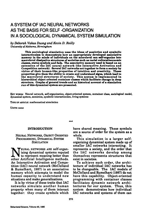 Pdf A System Of Iac Neural Networks As The Basis For Self‐organization In A Sociological