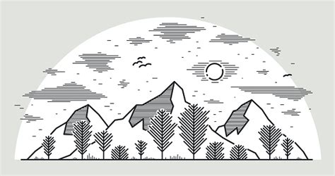 산봉우리와 나무 숲라인 아트 벡터 일러스트는 흰색 선형 일러스트레이션으로 야생자연경관 야외 하이킹 캠핑 개미 여행 테마를 다양합니다 나무에 대한 스톡 벡터 아트 및 기타