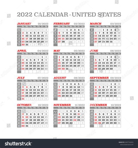 2022 Year Calendar Weeks Numbering Week Stock Vector Royalty Free