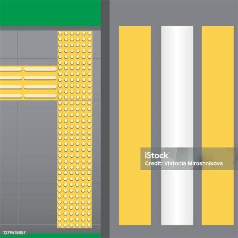 시각 장애인 상단 보기 보도 및 횡단 보도와 플랫 벡터 스톡 일러스트로 횡단 보도 앞 의 보도에 촉각 타일 바닥재에 대한 스톡 벡터 아트 및 기타 이미지 Istock