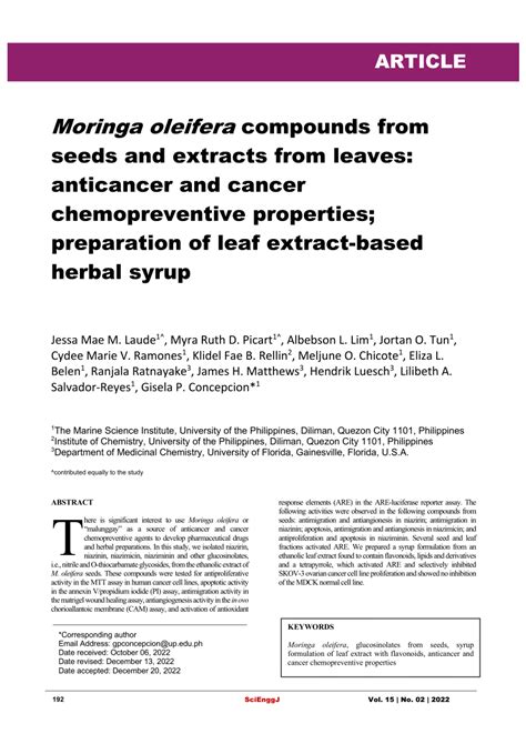 Pdf Moringa Oleifera Compounds From Seeds And Extracts From Leaves