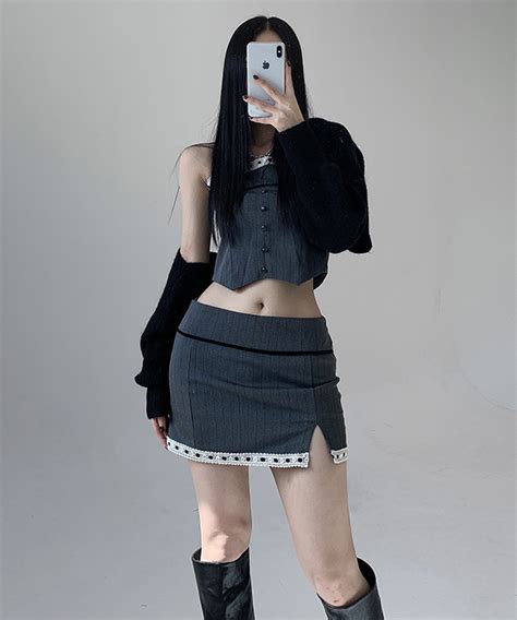 모레이스 레이스 유니크 발레코어 스트라이프 미니 스커트차콜연그레이