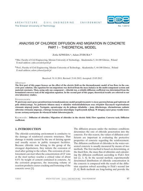 Pdf Analysis Of Chloride Diffusion And Migration In Concrete Part I