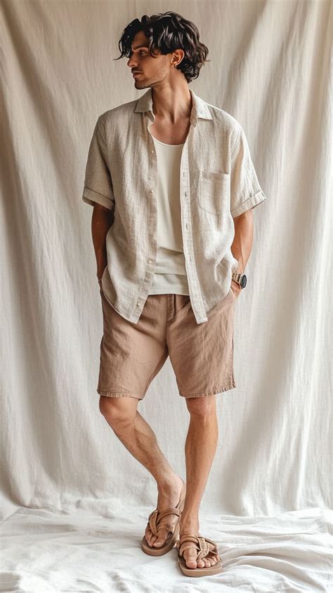 Летний мужской лук легкая рубашка шорты и стильные сандалии