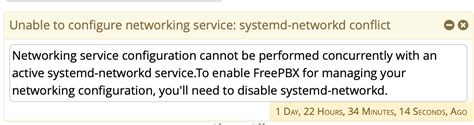 freepbx 17 dashboard error unable to configure networking service
