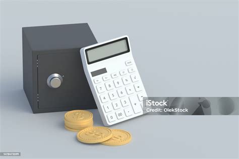 계산기와 동전은 회색 테이블에 안전합니다 금융 위기 개념입니다 경제의 성장 또는 몰락 가정 가족 예산 경제 제재 공간을 복사합니다 3d 렌더링 3차원 형태에 대한 스톡 사진