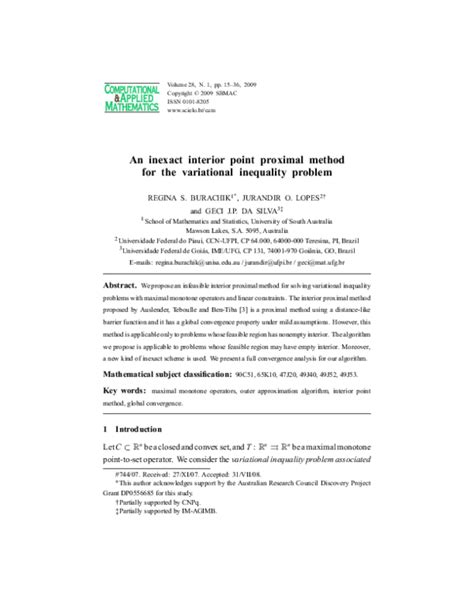 Pdf An Inexact Interior Point Proximal Method For The Variational Inequality Problem