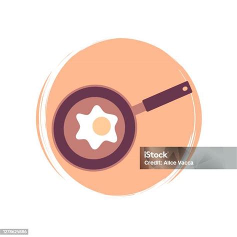 프라이팬에 계란 튀김이 있는 귀여운 로고 또는 아이콘 벡터 브러쉬 텍스처가 있는 원그림 소셜 미디어 스토리 및 하이라이트 가정