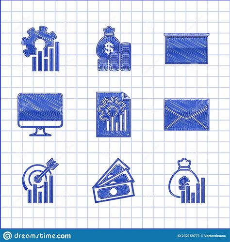 Set Document With Graph Chart Stacks Paper Money Cash Money Bag And Diagram Envelope Target