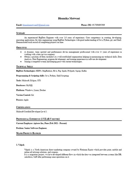 Bhumika Motwani Resume Pdf Apache Spark Big Data