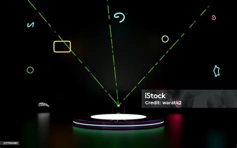 3d 실린더 무대 연단은 네온 디스코 조명 추상 기하학적 화장품 진열장 받침대 보라색 검은 배경과 방에서 비어 있습니다 모형