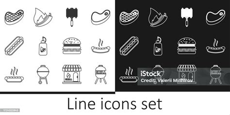 세트 라인 바베큐 그릴 핫도그 샌드위치 스틸 그리드 케첩 병 스테이크 고기 버거 및 칠리 페퍼 포드 아이콘 벡터 강철에 대한