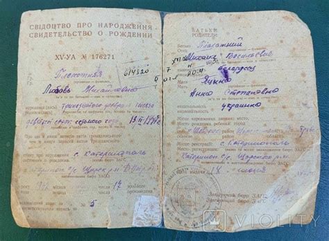 Свидетельство о рождении СССР 116527022 купити Violity