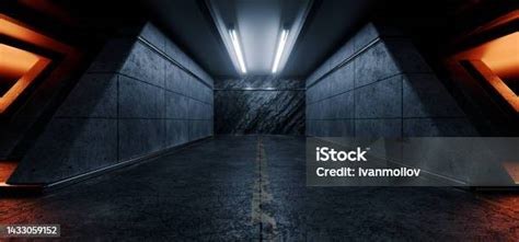 지하 대피소 핵 벙커 격납고 차고 쇼룸 금속 산 바위 거친 벽 어두운 터널 복도 Sci Fi 미래 우주선 3d 렌더링 비행기 격납고에 대한 스톡 사진 및 기타 이미지