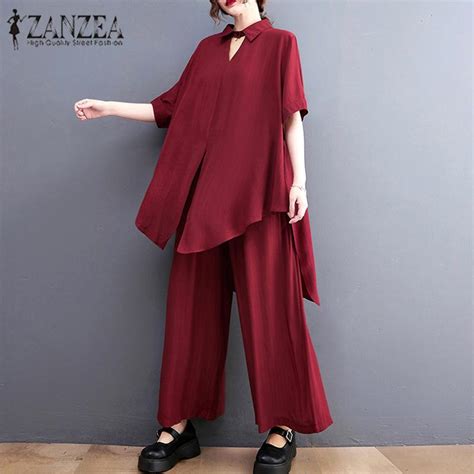 Купити Zanzea Жінки Повсякденне вбрання Неправильна блузка і широкі штани на ногах Літній