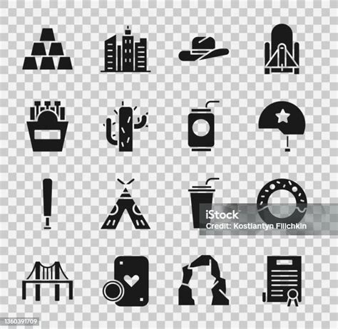 독립 선언서 도넛 밀리터리 헬멧 웨스턴 카우보이 모자 선인장 감자 감자 감자 감자 상자 골드 바 및 소다 캔에 짚 아이콘 벡터 0명에 대한 스톡 벡터 아트 및 기타 이미지