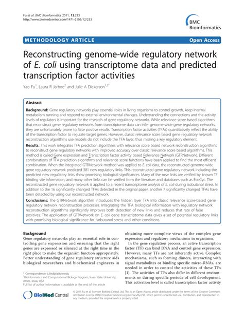Pdf Reconstructing Genome Wide Regulatory Network Of E Coli Using Transcriptome Data And