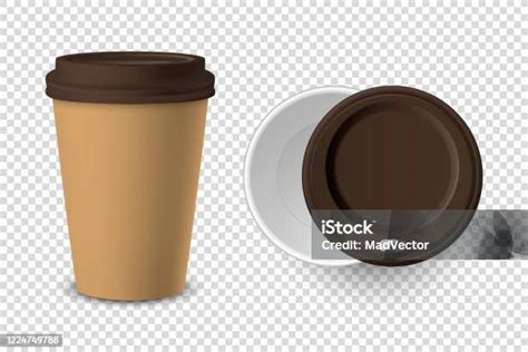 벡터 3d 현실적인 갈색 일회용 폐쇄 및 열린 종이 갈색 뚜껑 설정 닫힘 설정 과 음료 플라스틱 커피 컵 투명 배경에 격리