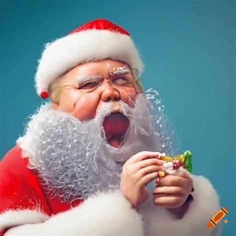 Funny Illustration Of A Fat Santa Eating Candy On Craiyon