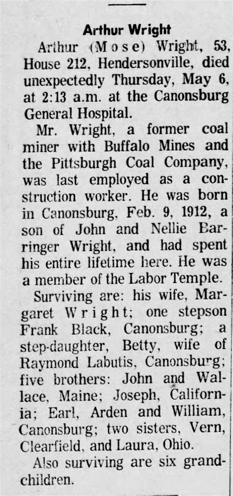 Arthur Wright Obit