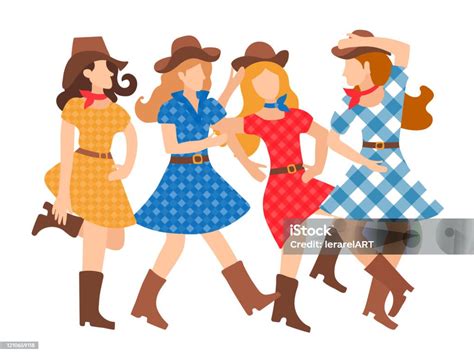 특징의 일러스트 는 젊은 소녀 댄스 컨트리 스타일 플랫 스타일 아름답고 쾌활한 여성은 미국의 전통에 춤을 모자 격자 무늬 드레스 카우보이 부츠 여자에 대한 스톡 벡터 아트