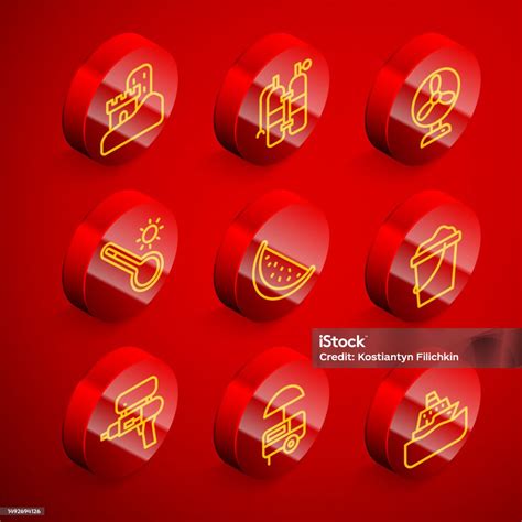 세트 라인 모래성 Aqualung 선풍기 기상 온도계 수박 양동이 총 및 패스트 스트리트 푸드 카트 아이콘 벡터 3차원 형태에 대한 스톡 벡터 아트 및 기타 이미지 Istock