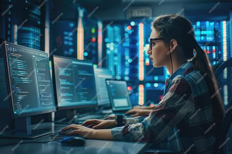Premium Photo Female It Programmer In Data Center With Young
