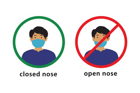 올바른 마스크 사용 코로나 바이러스 전염병 예방 아바타 휴먼 플랫 디자인 캐릭터 보호 코를 닫아야하며 벡터 그래픽을 사용하는 호소 개념에 대한 스톡 벡터 아트 및 기타