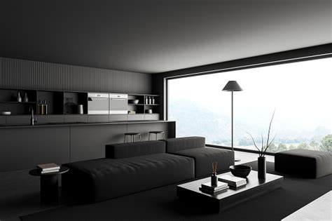 편안한 요리 코너가 있는 회색 스튜디오 인테리어 파노라마 창문 0명에 대한 스톡 사진 및 기타 이미지 0명 3차원 형태 가구 Istock